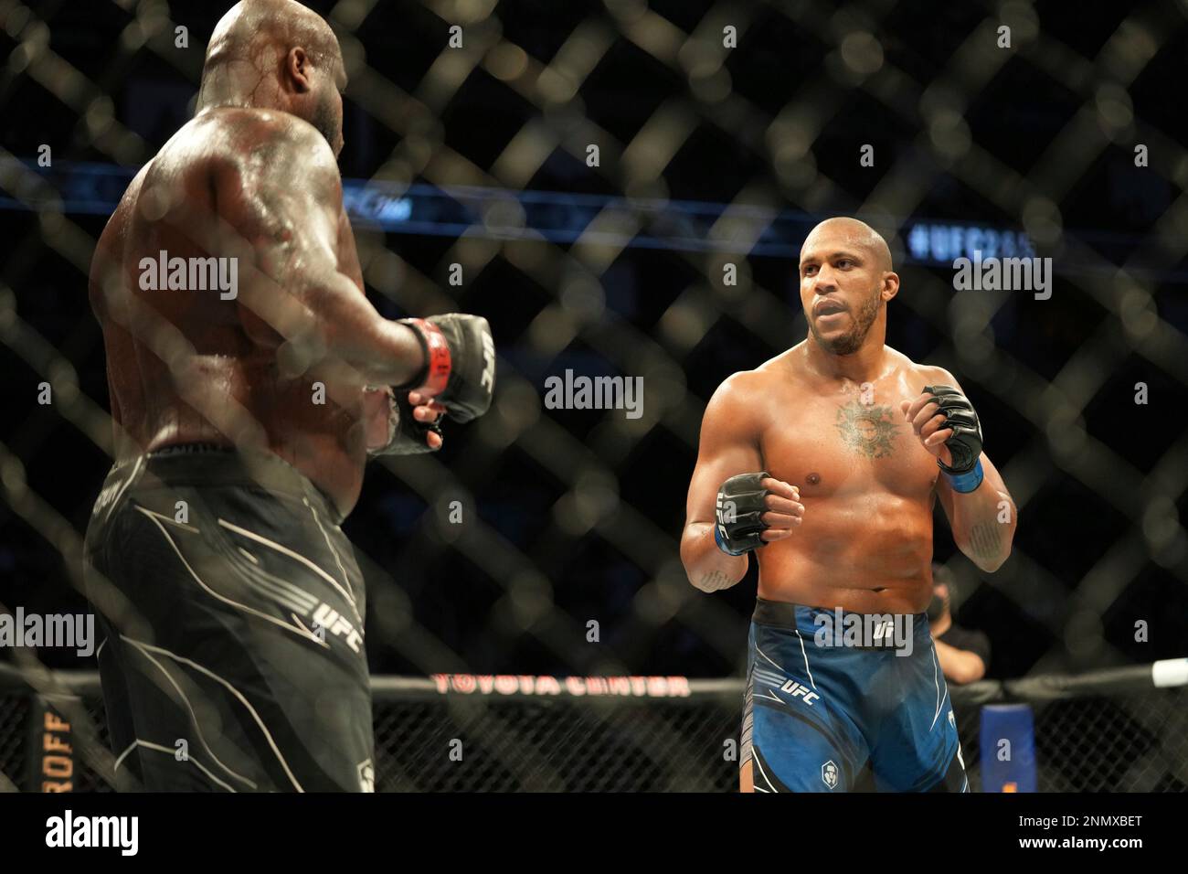 HOUSTON, TX - AUGUST 07: (L-R) Derrick Lewis battles Ciryl Gane in ...