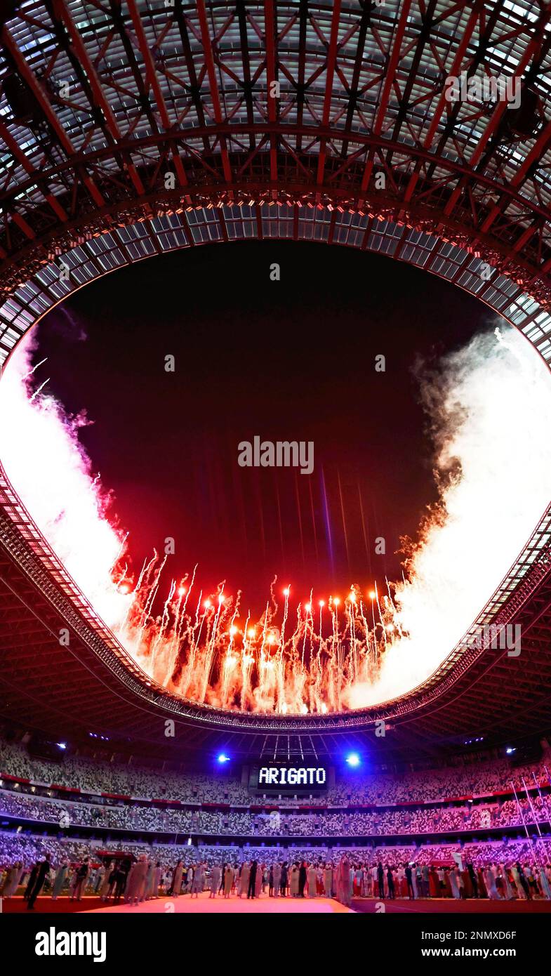 Fireworks explode during the closing ceremony at Tokyo Olympic Games in ...