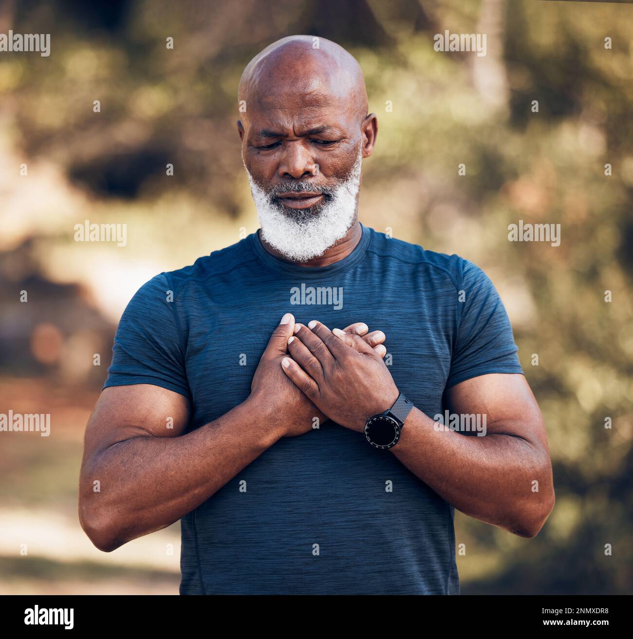 Black man, pain and heart attack from outdoor exercise, running workout ...