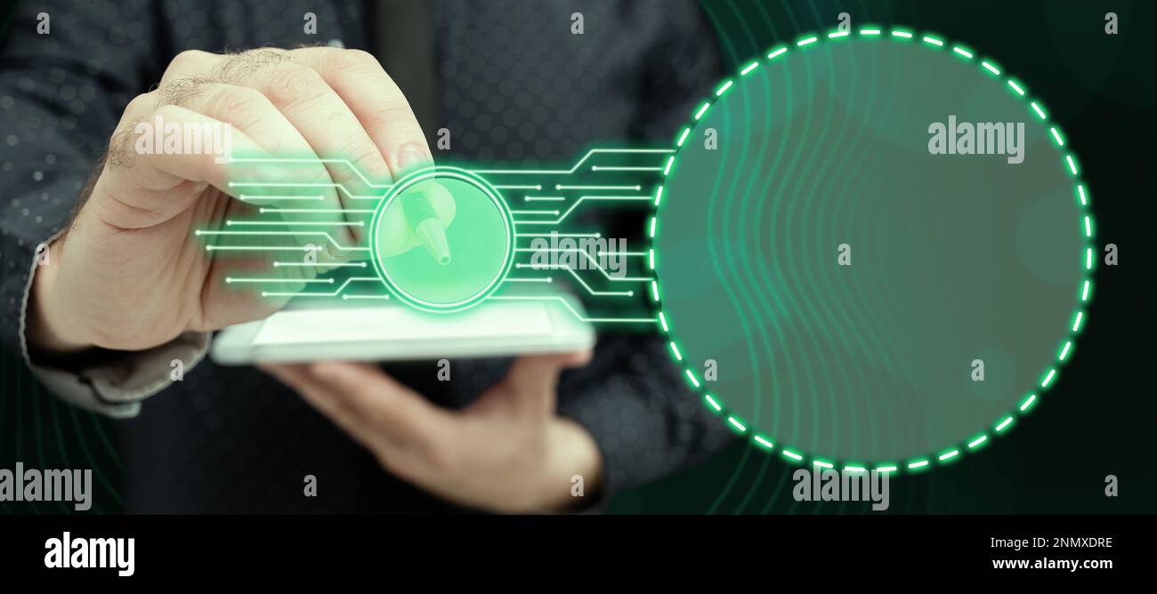 Businessman in office suit holding tablet and pen. Written virtual text ...