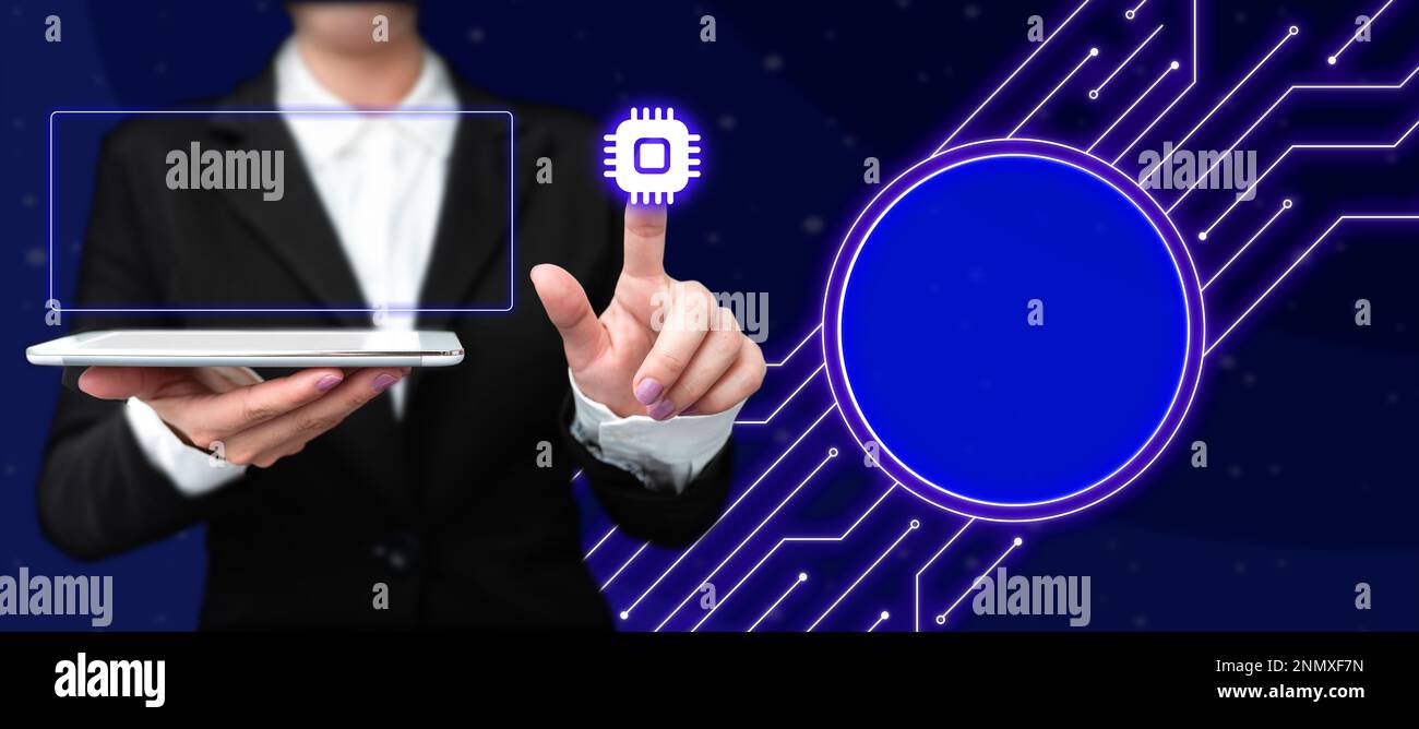 Lady In Uniform Standing Holding Tablet And Pressing On Virtual Button ...