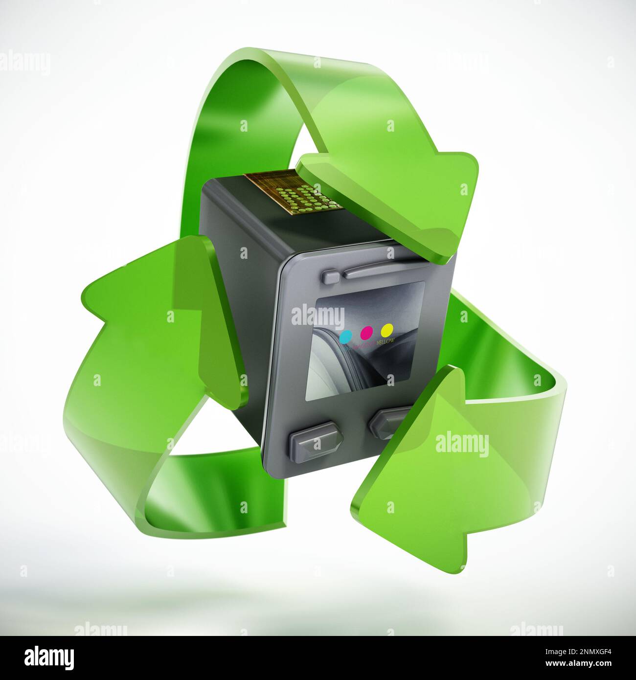 Inkjet printer spare cartridges in recycle symbol. 3D illustration ...
