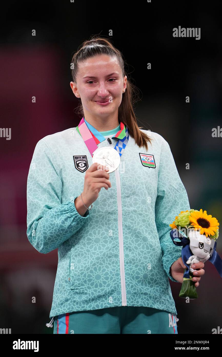 Azerbaijan's ZARETSKA Iryna attends a victory ceremony after placing 2nd in the Women's Kumite ...