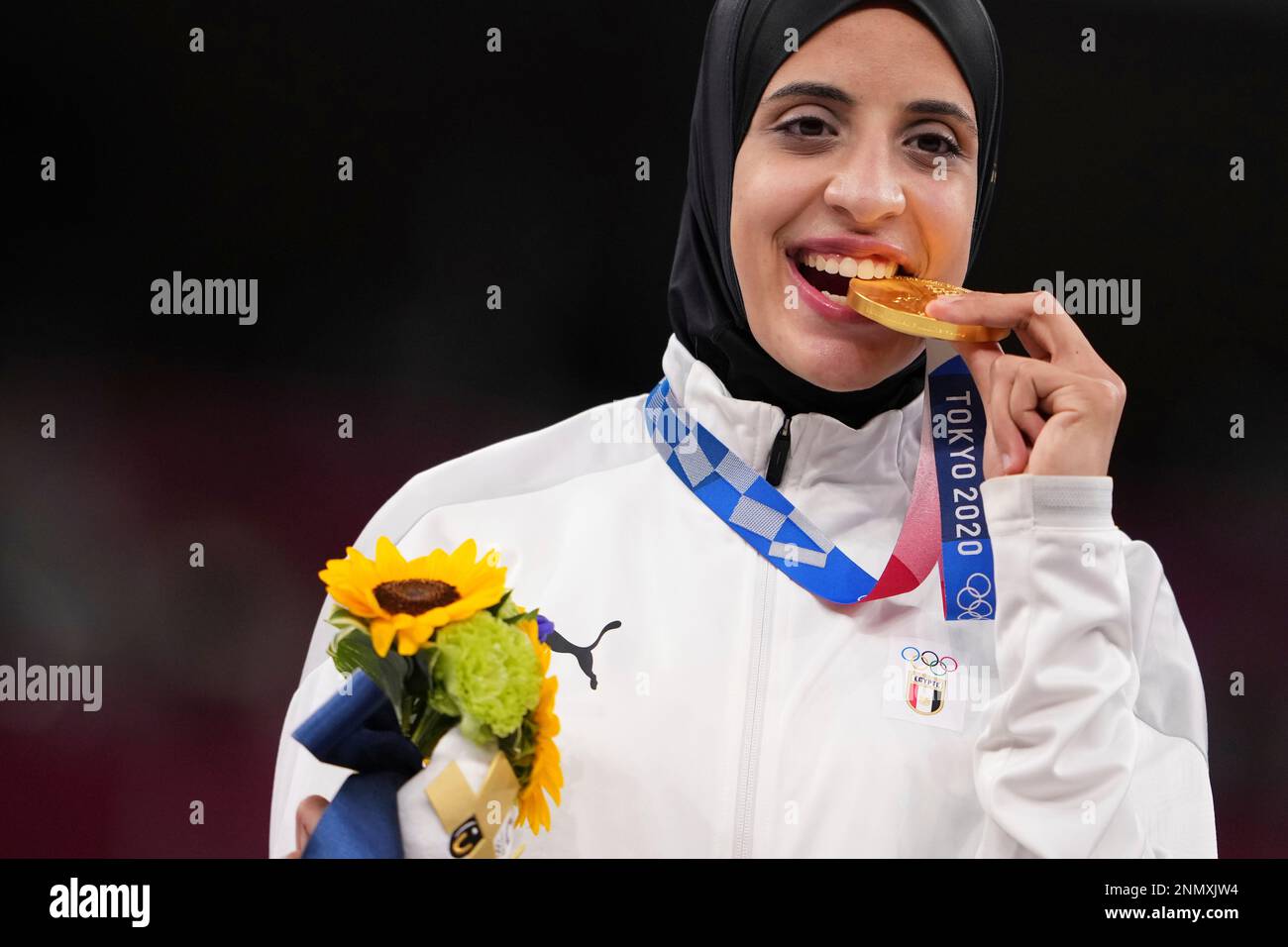 Egypt's ABDELAZIZ Feryal attends a victory ceremony after winning the ...