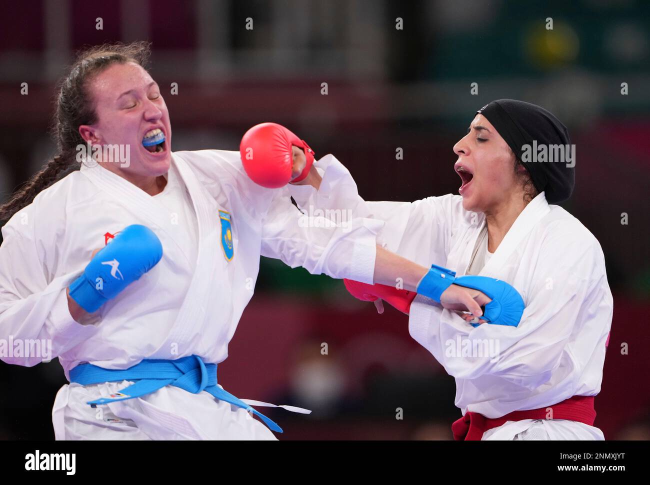 Egypt's ABDELAZIZ Feryal (red) and Kazakhstan's BERULTSEVA Sofya ...