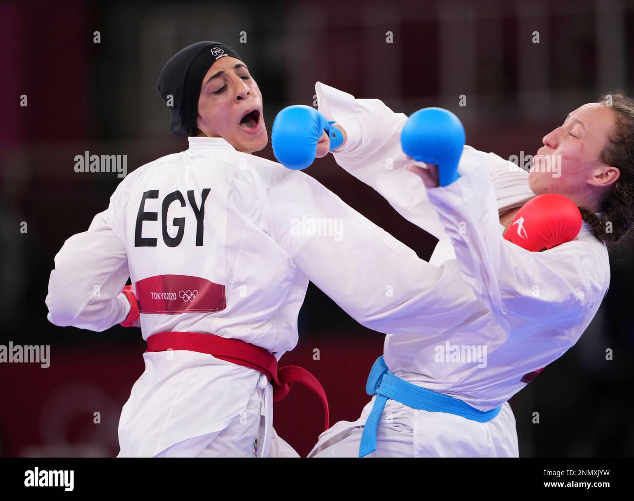 Egypt's ABDELAZIZ Feryal (red) and Kazakhstan's BERULTSEVA Sofya ...