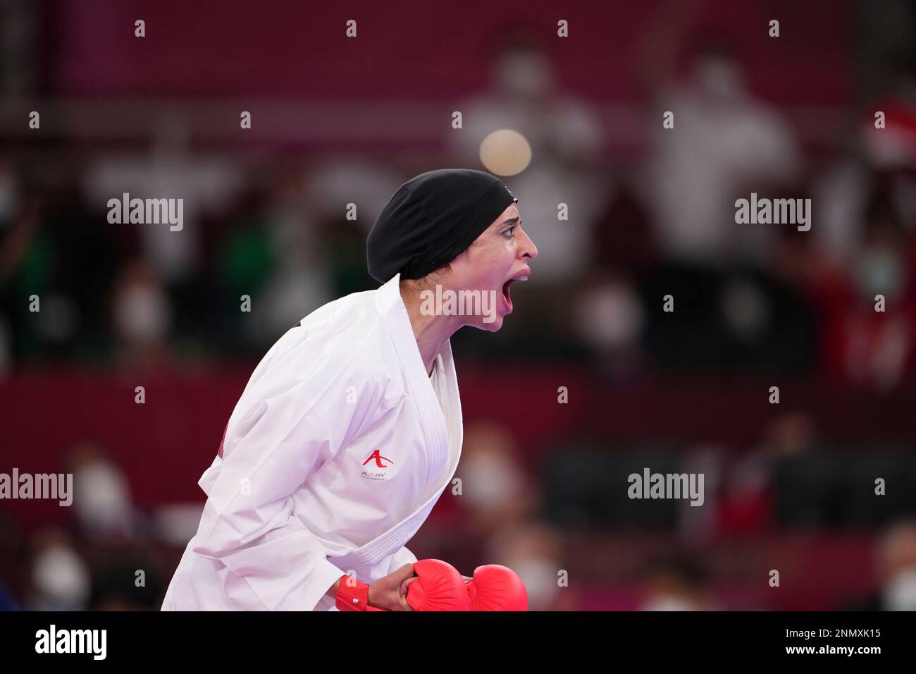 Egypt's ABDELAZIZ Feryal reacts after winning the Women's Kumite +61kg ...