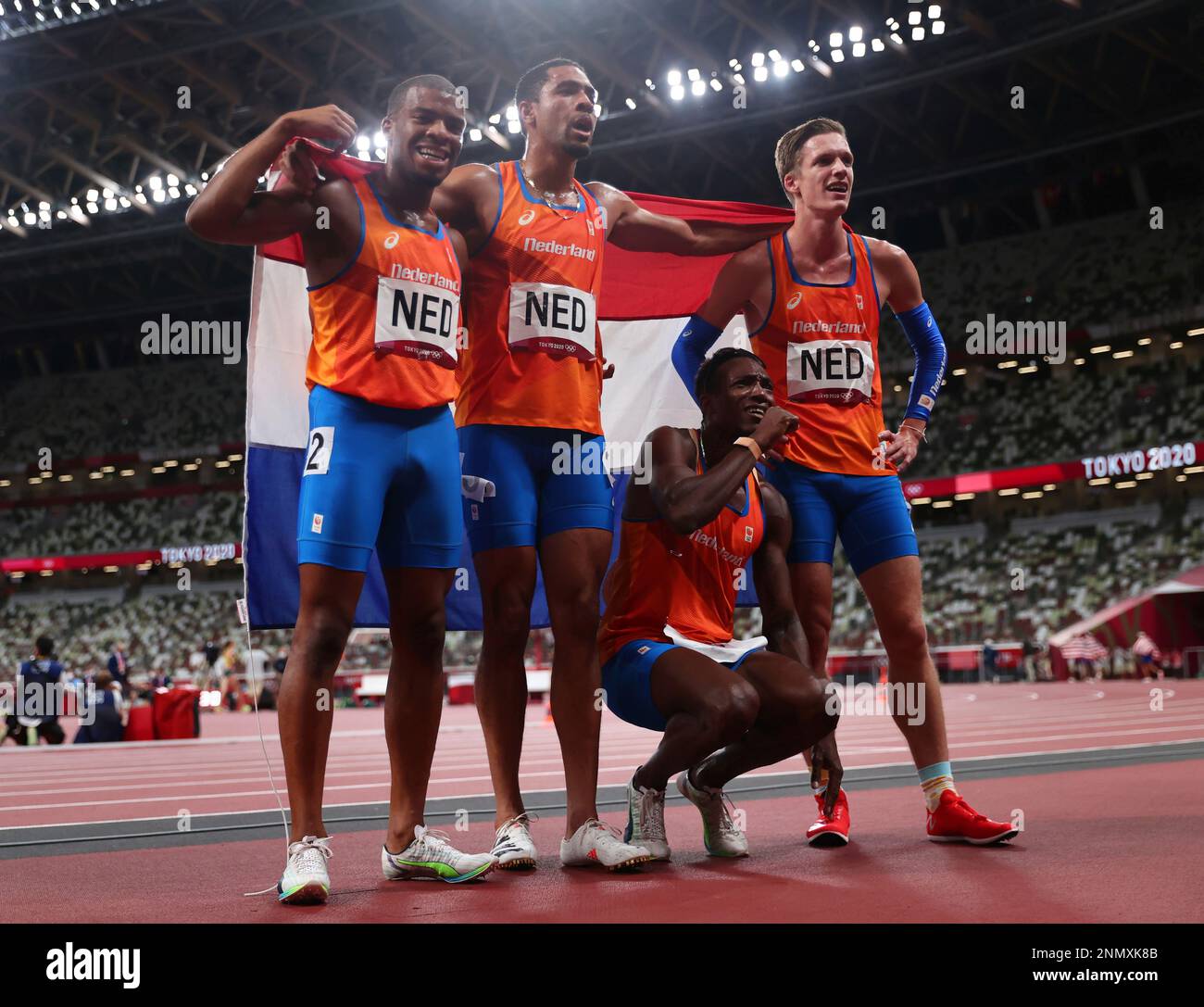 Members of Netherland celebrate after winning Athletics men's 4x400m ...