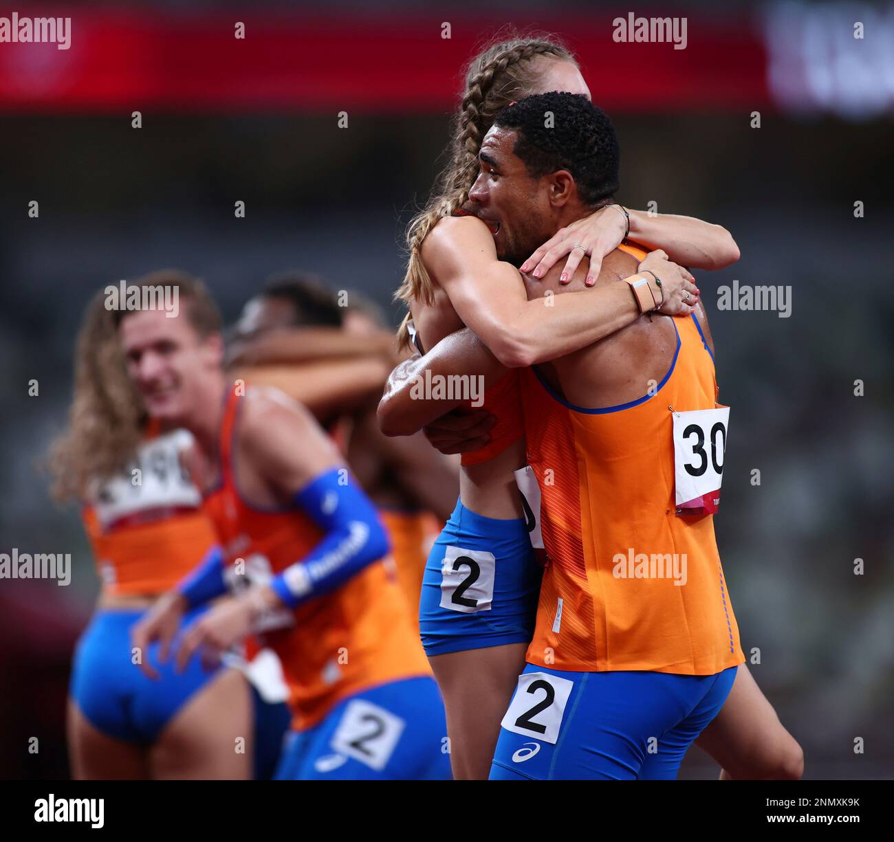 Members of Netherland celebrate after winning Athletics men's 4x400m ...