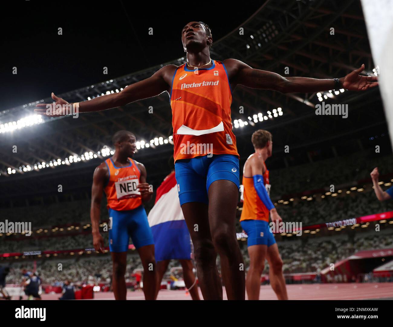 Members of Netherland celebrate after winning Athletics men's 4x400m ...