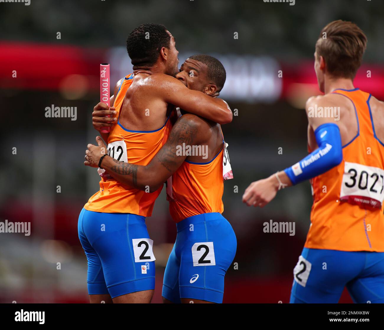 Members of Netherland celebrate after winning Athletics men's 4x400m ...