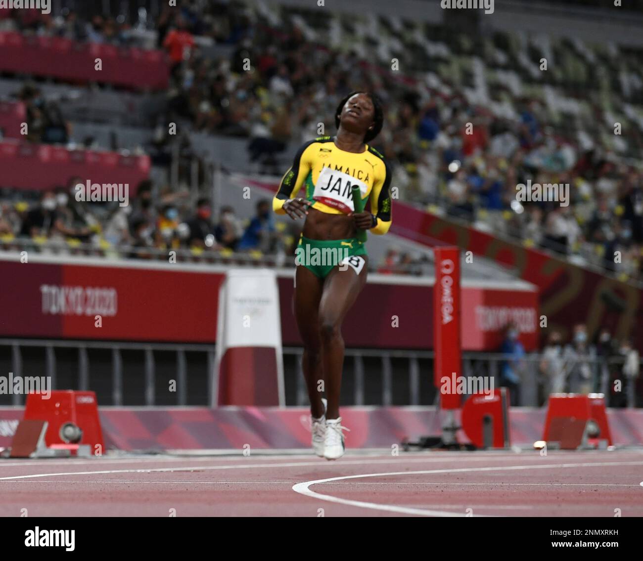 Jamaica's team WILLIAMS Briana (8 lane) crosses the finish line during the Women's ' 4 x100 ...