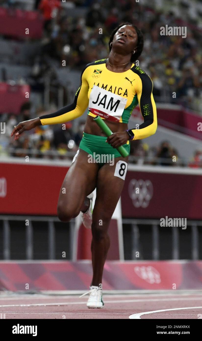 Jamaica's team WILLIAMS Briana (8 lane) crosses the finish line during the Women's ' 4 x100 ...