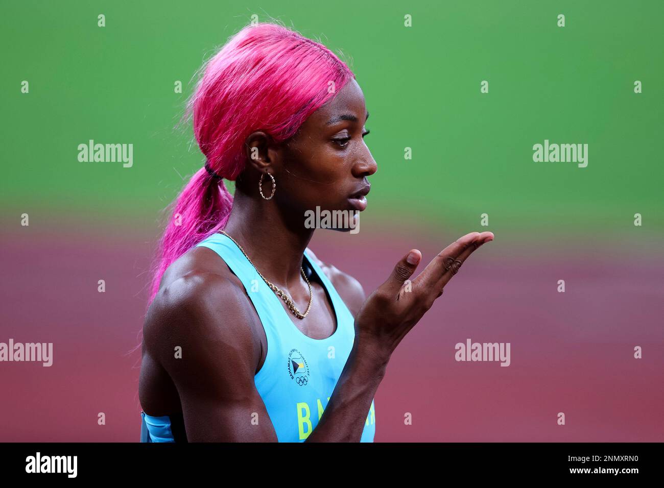 TOKYO, JAPAN - AUGUST 06: Shaunae Miller-Uibo of Team Bahamas blows a ...