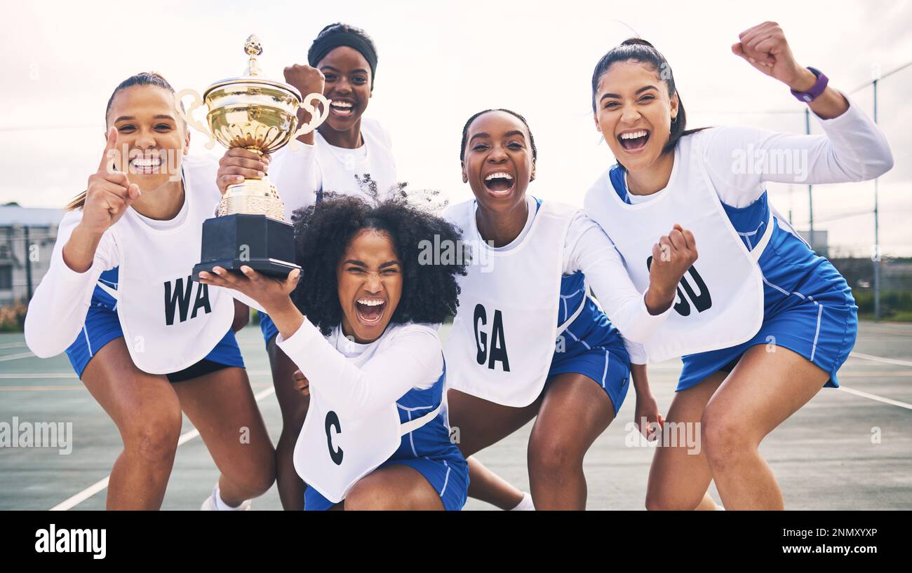 Winner, netball and portrait of women with trophy for winning ...