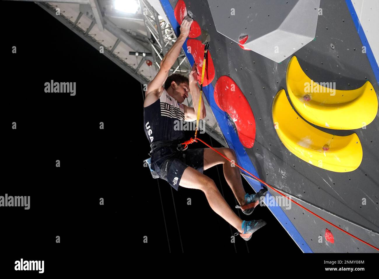 Colin Duffy, of the United States, competes during the lead portion of ...
