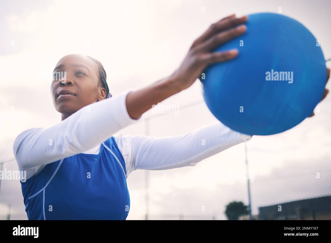 Fitness, black woman and netball for exercise, training and playing for ...