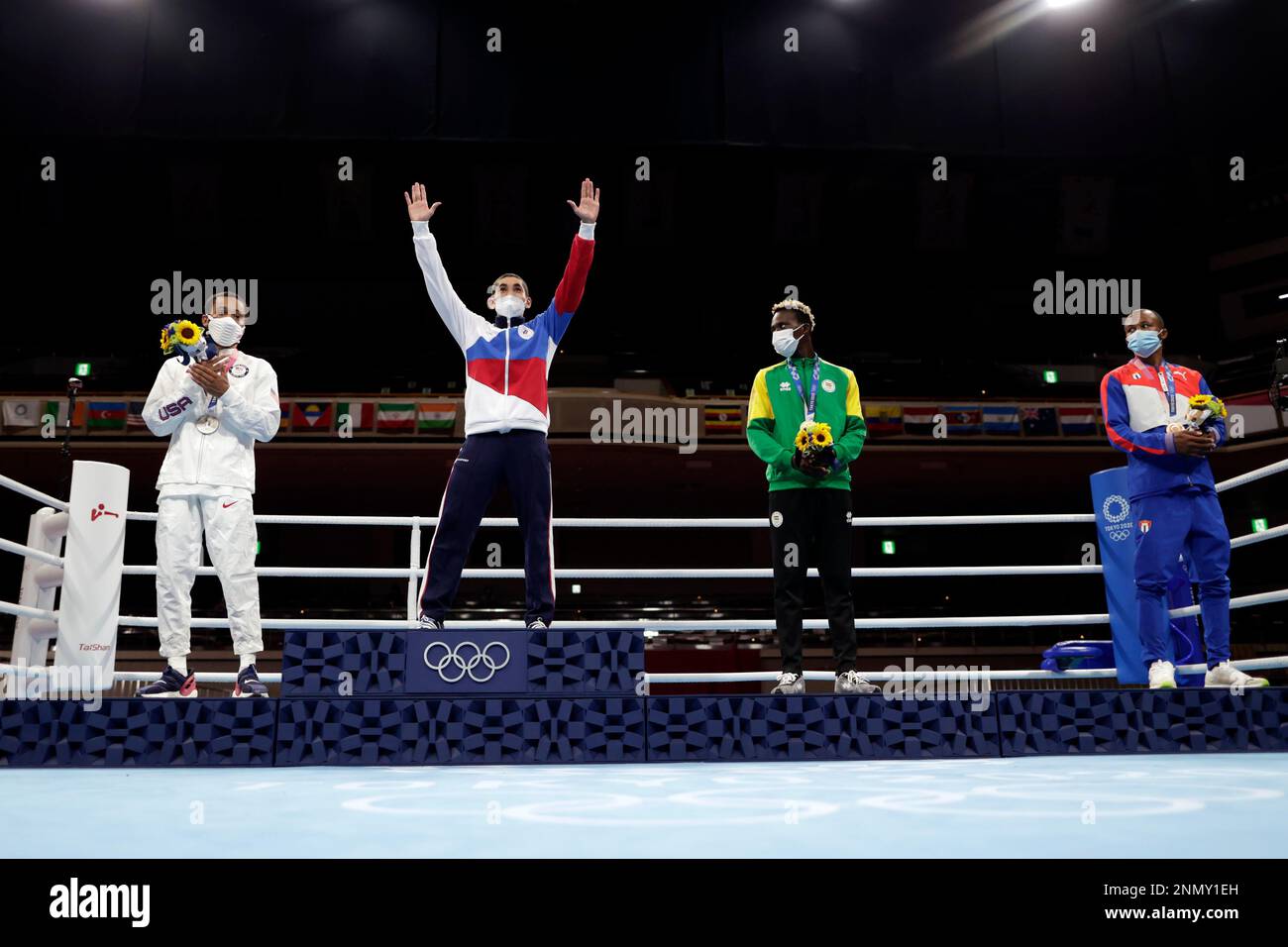 Feather weight 52-57kg boxing medalists from left; silver medalist Duke ...