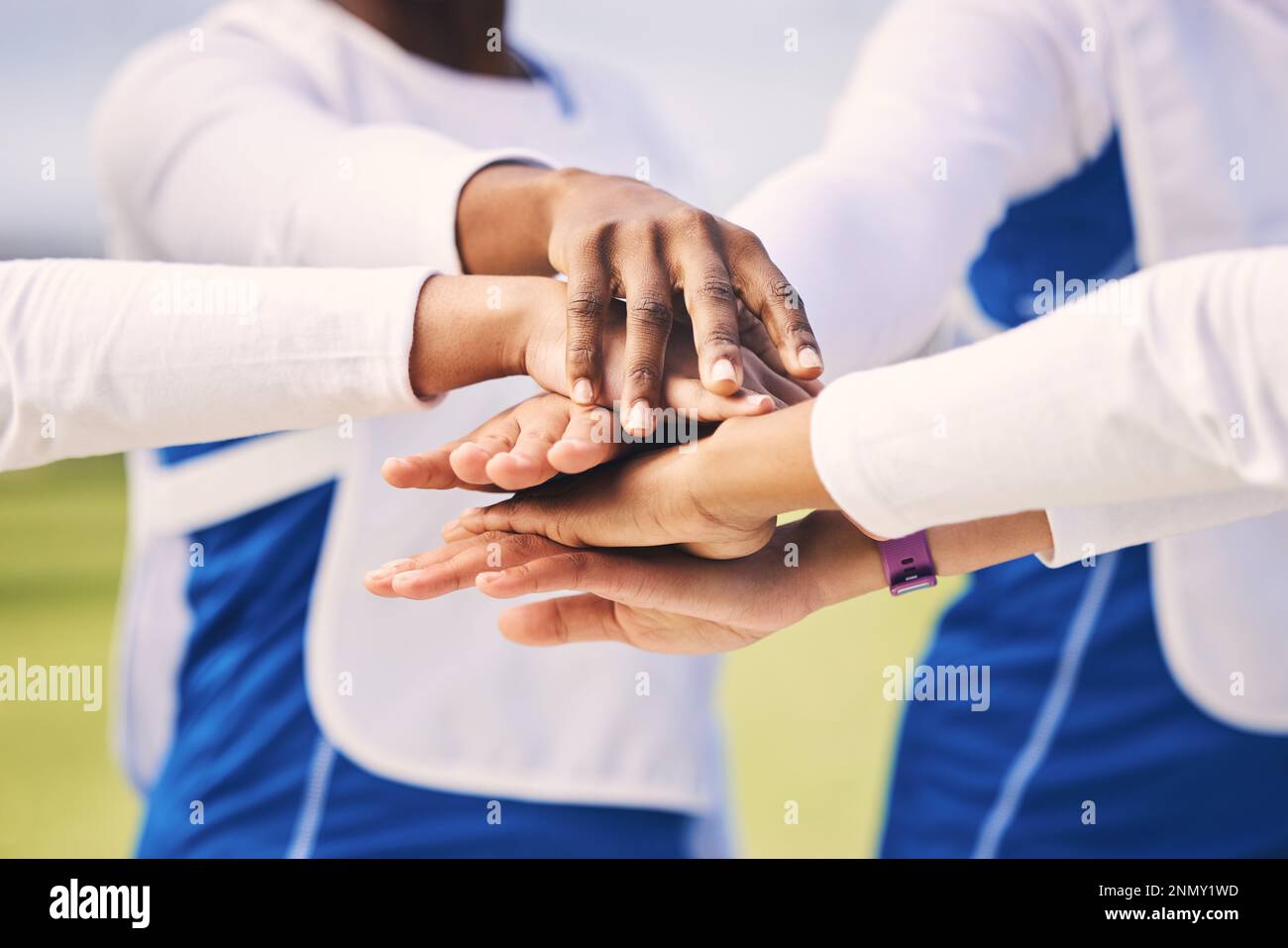 Sports, people and collaboration by team hands in support of motivation ...