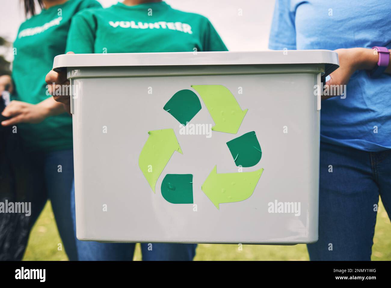 Recycle bin, earth day volunteer and community park cleaning outdoor ...