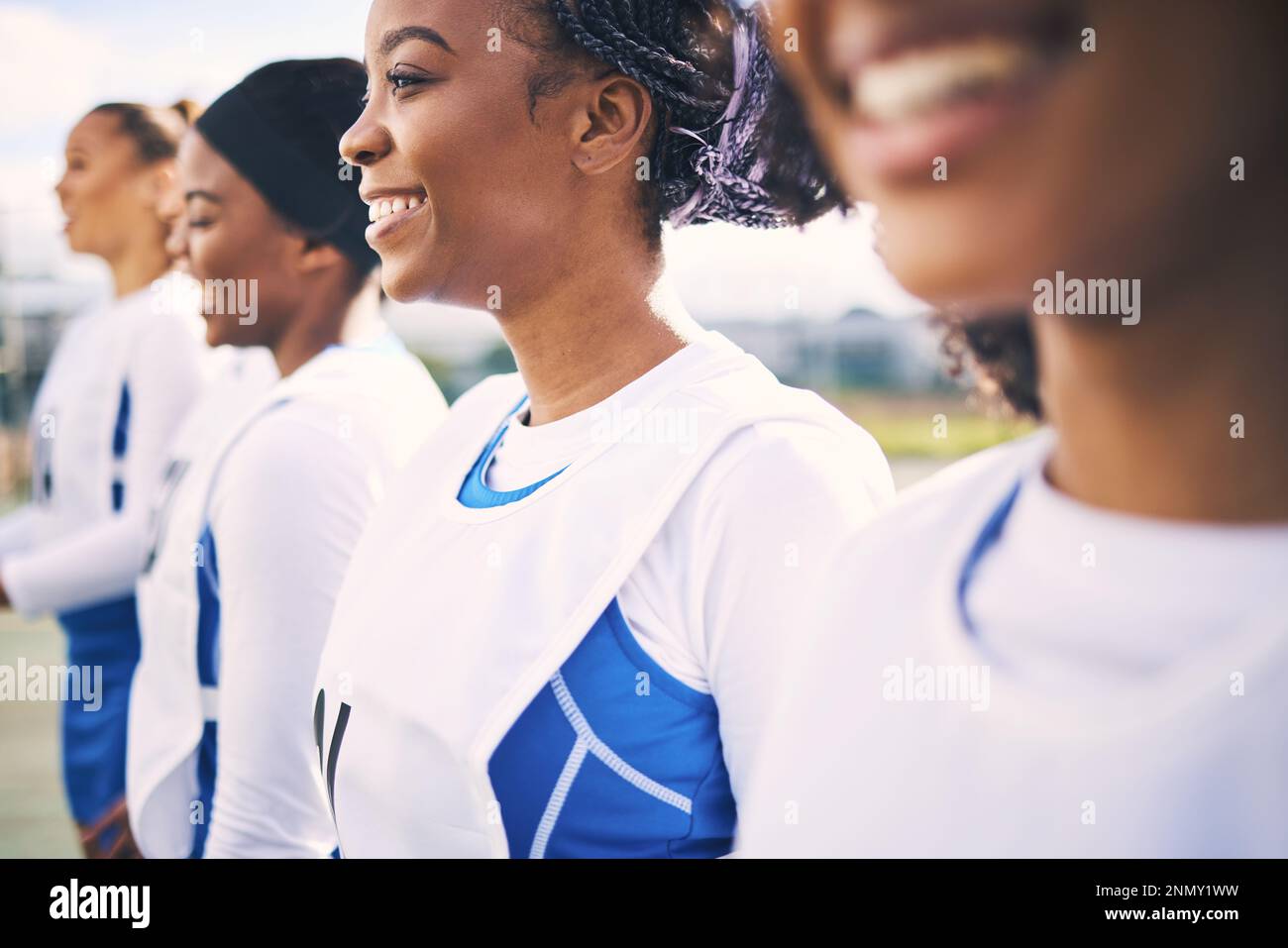 Sports, netball and team of women with smile ready for training ...