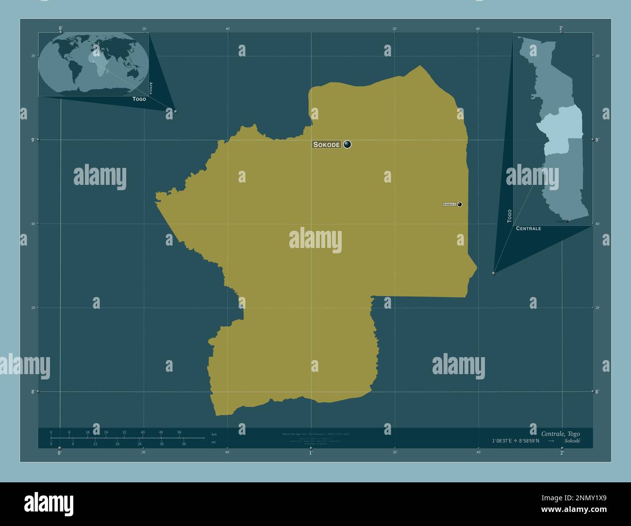 Centrale, region of Togo. Solid color shape. Locations and names of ...