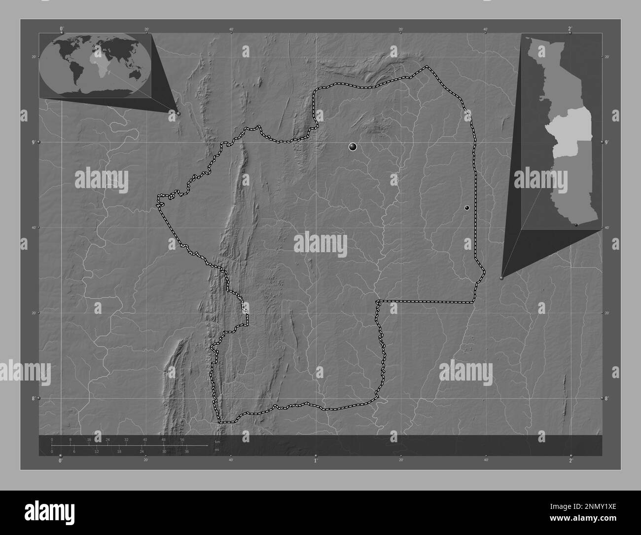 Centrale, region of Togo. Bilevel elevation map with lakes and rivers ...