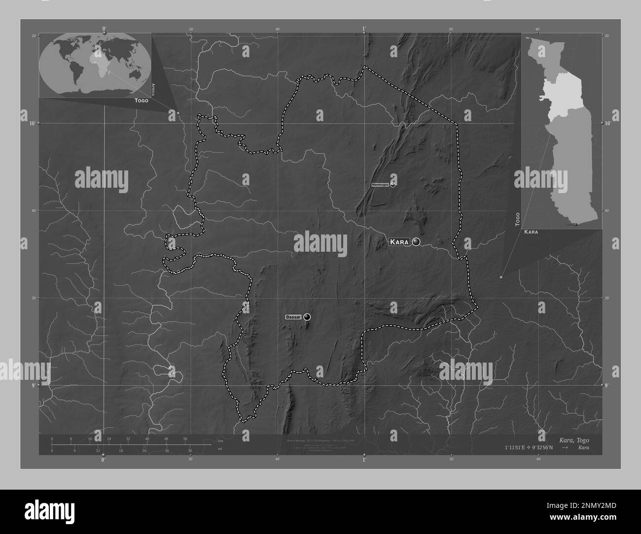 Kara, region of Togo. Grayscale elevation map with lakes and rivers ...