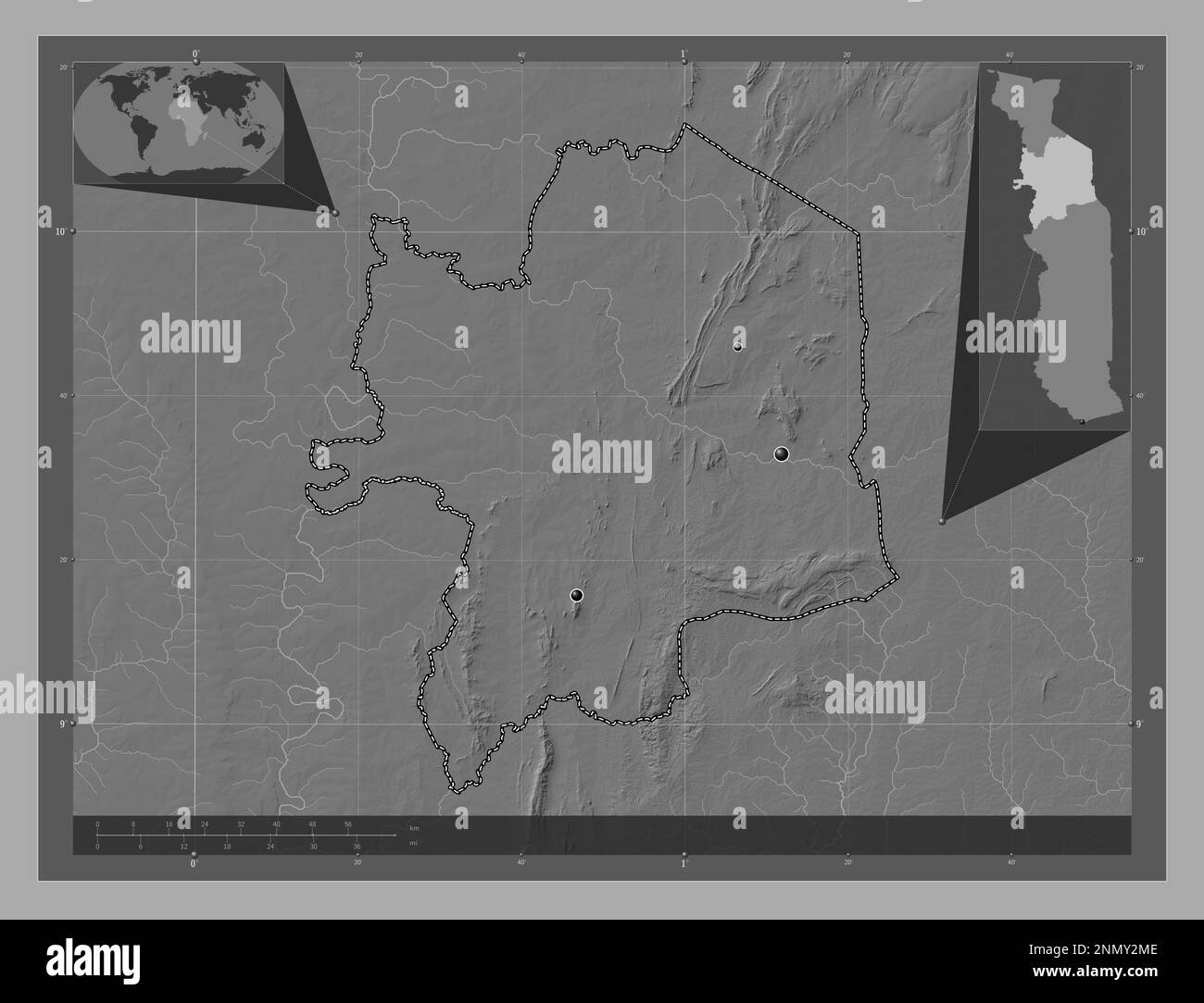 Kara, region of Togo. Bilevel elevation map with lakes and rivers ...
