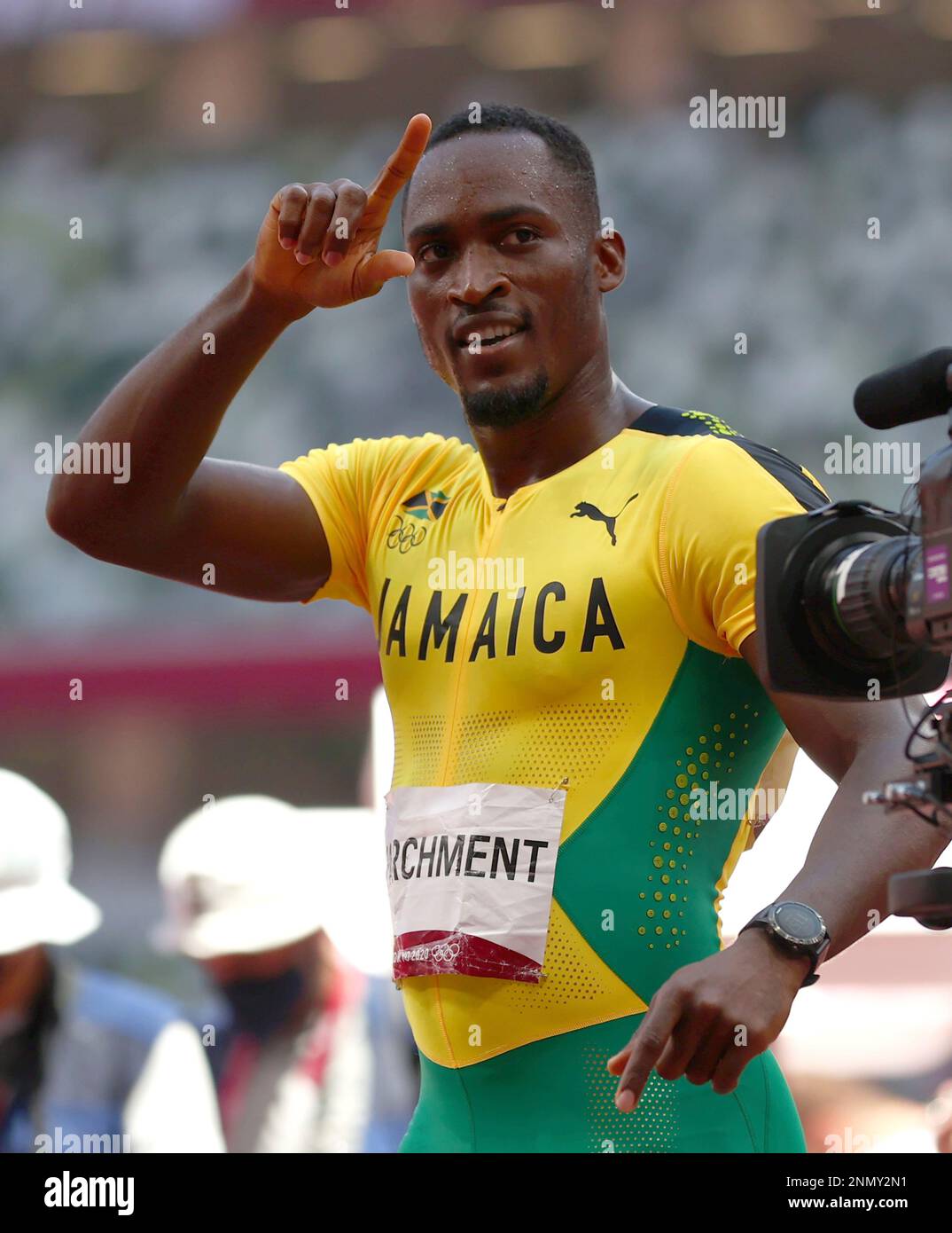 PARCHMENT Hansle (7) of Jamaica celebrates after winning the Men's 100m ...