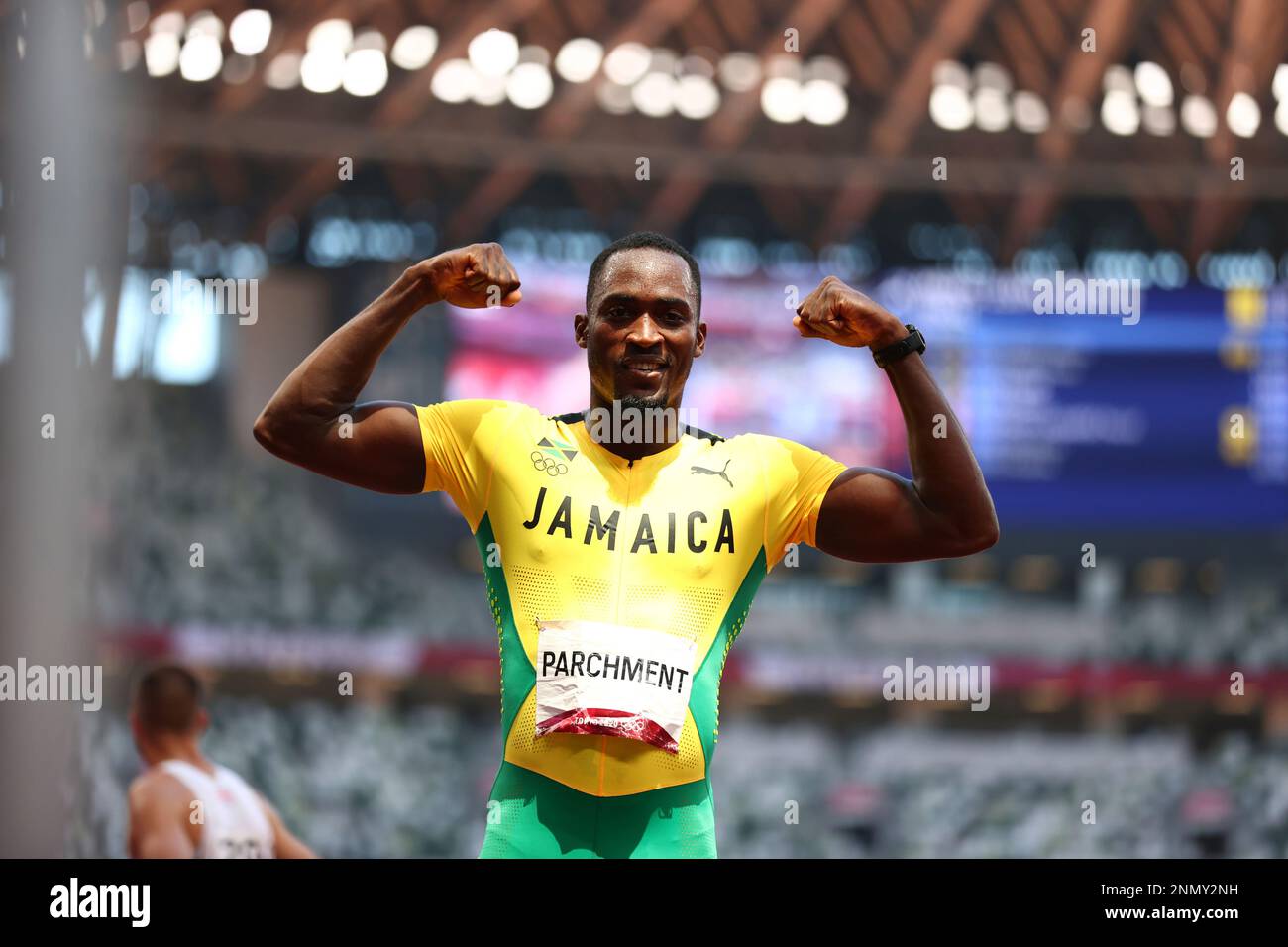 PARCHMENT Hansle (7) of Jamaica shows a strong pose after winning the ...