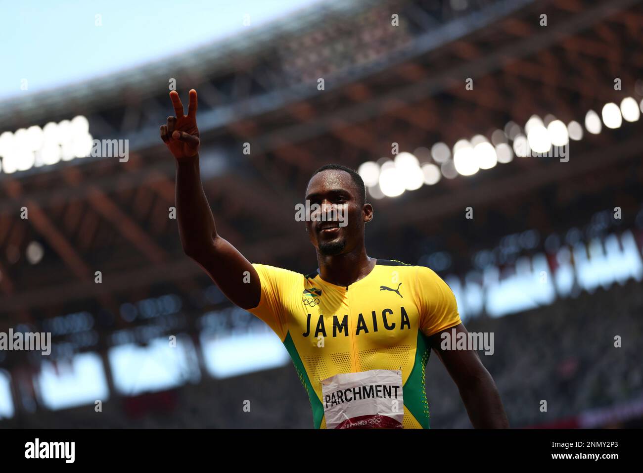 PARCHMENT Hansle (7) of Jamaica celebrates after winning the Men's 100m ...