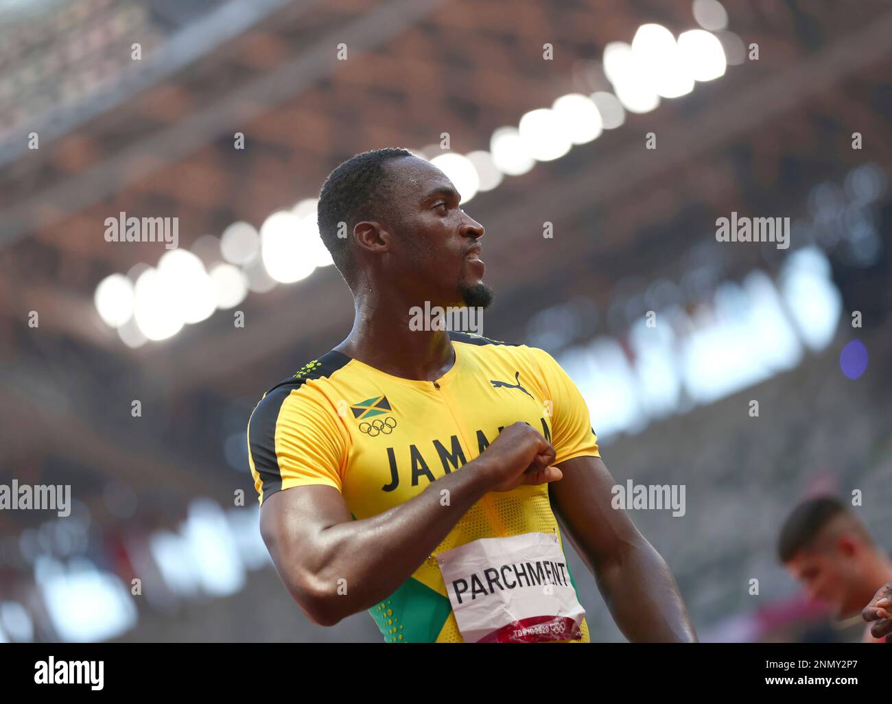 PARCHMENT Hansle (7) of Jamaica celebrates after winning the Men's 100m ...
