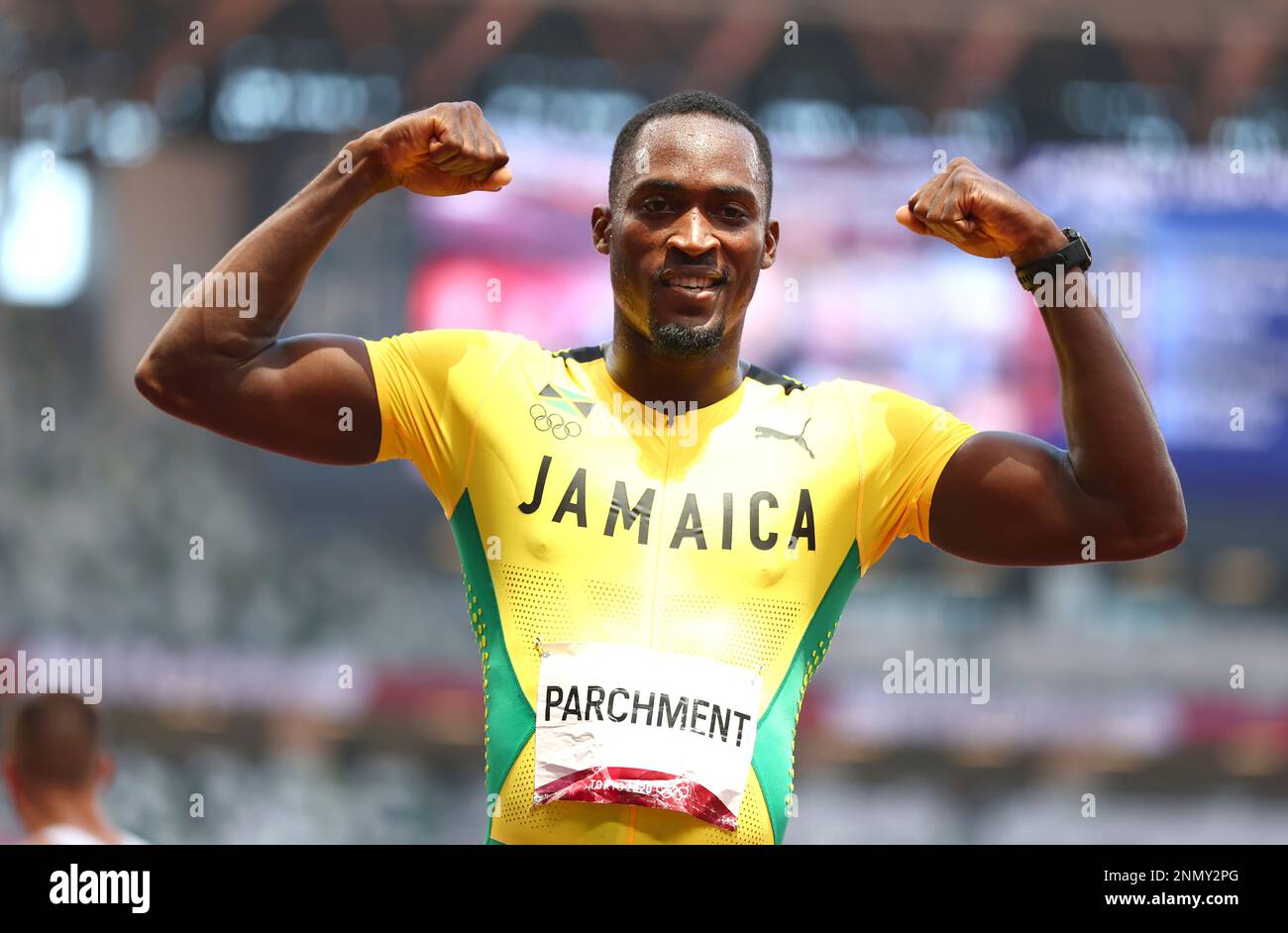 PARCHMENT Hansle (7) of Jamaica shows a strong pose after winning the ...