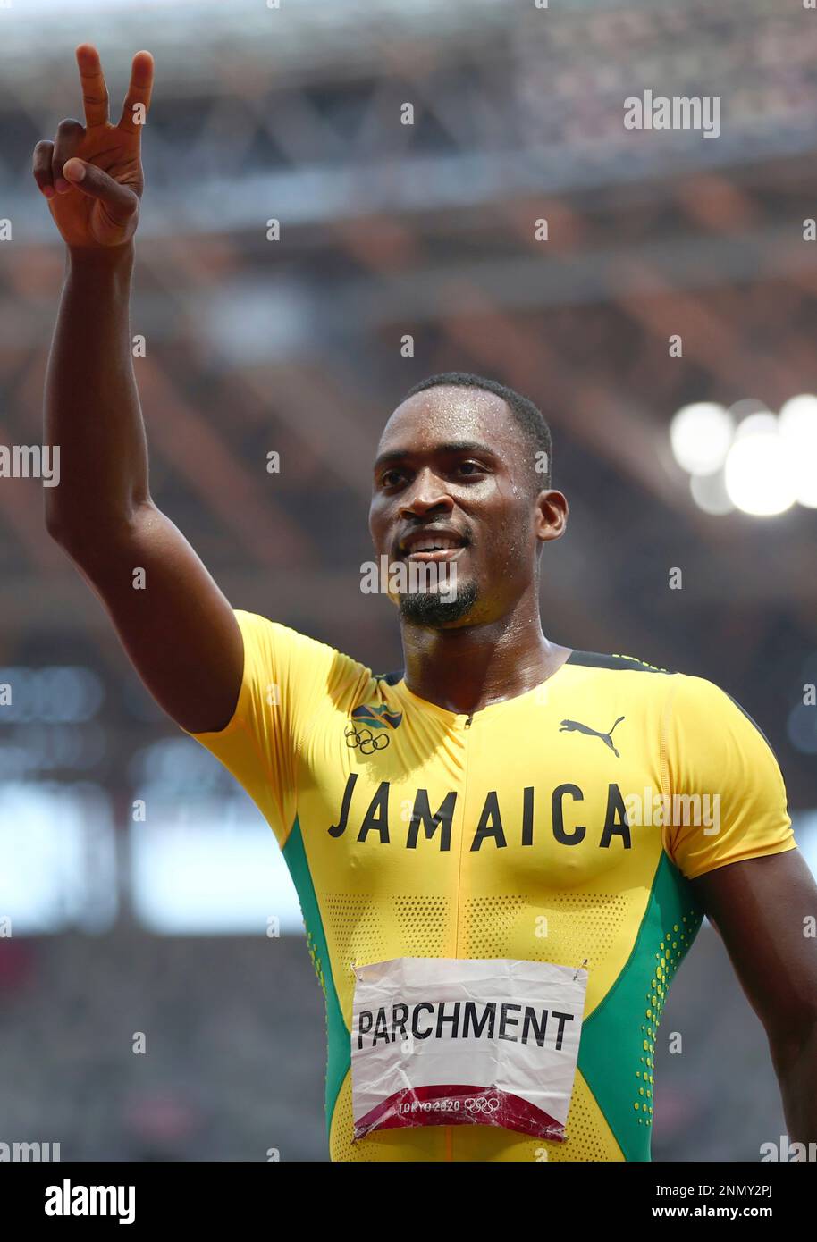 PARCHMENT Hansle (7) of Jamaica celebrates after winning the Men's 100m ...