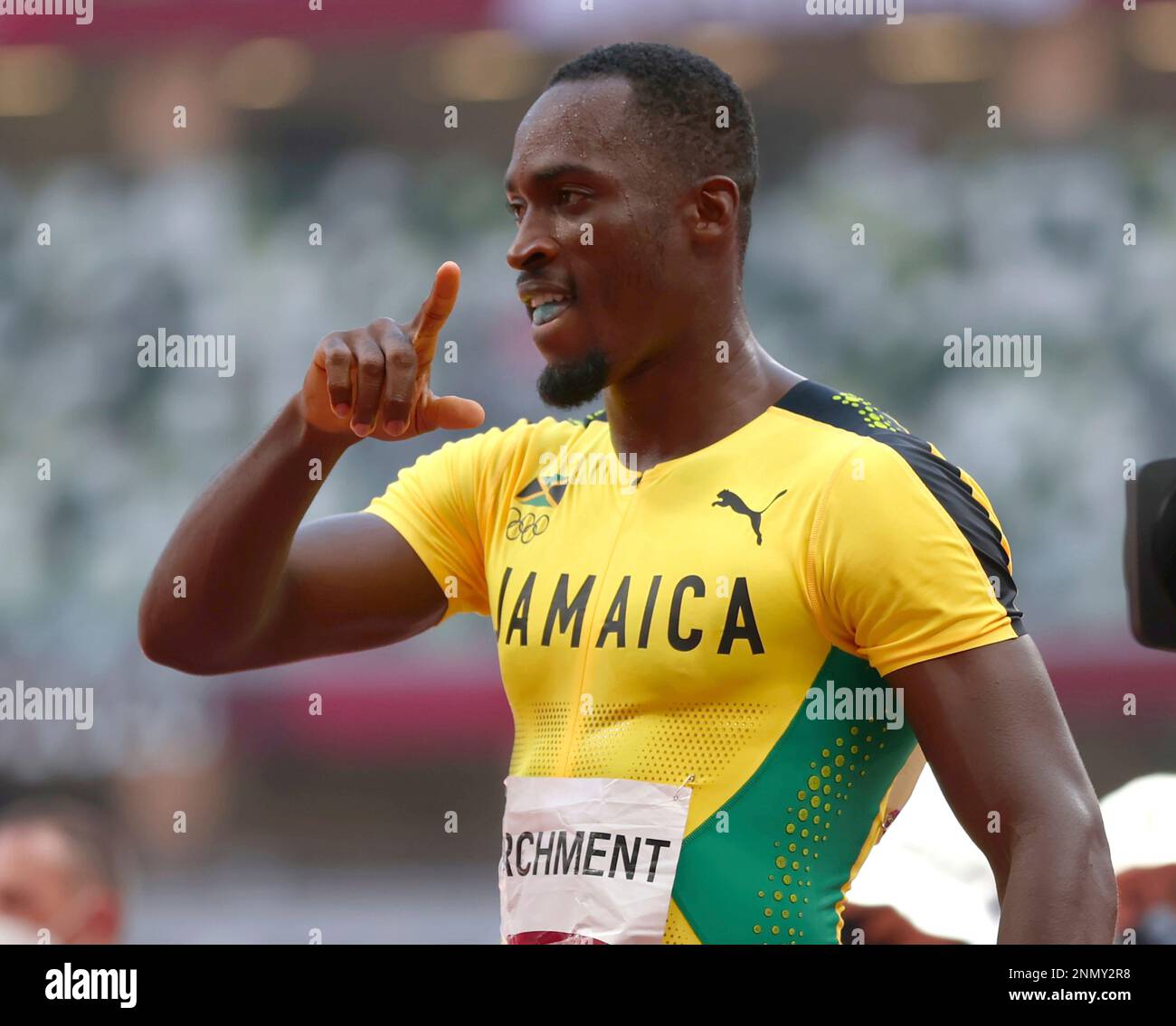 PARCHMENT Hansle (7) of Jamaica celebrates after winning the Men's 100m ...