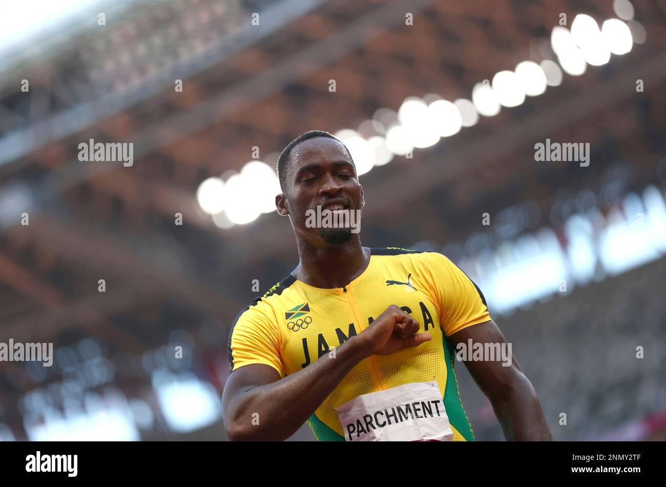 PARCHMENT Hansle (7) of Jamaica celebrates after winning the Men's 100m ...