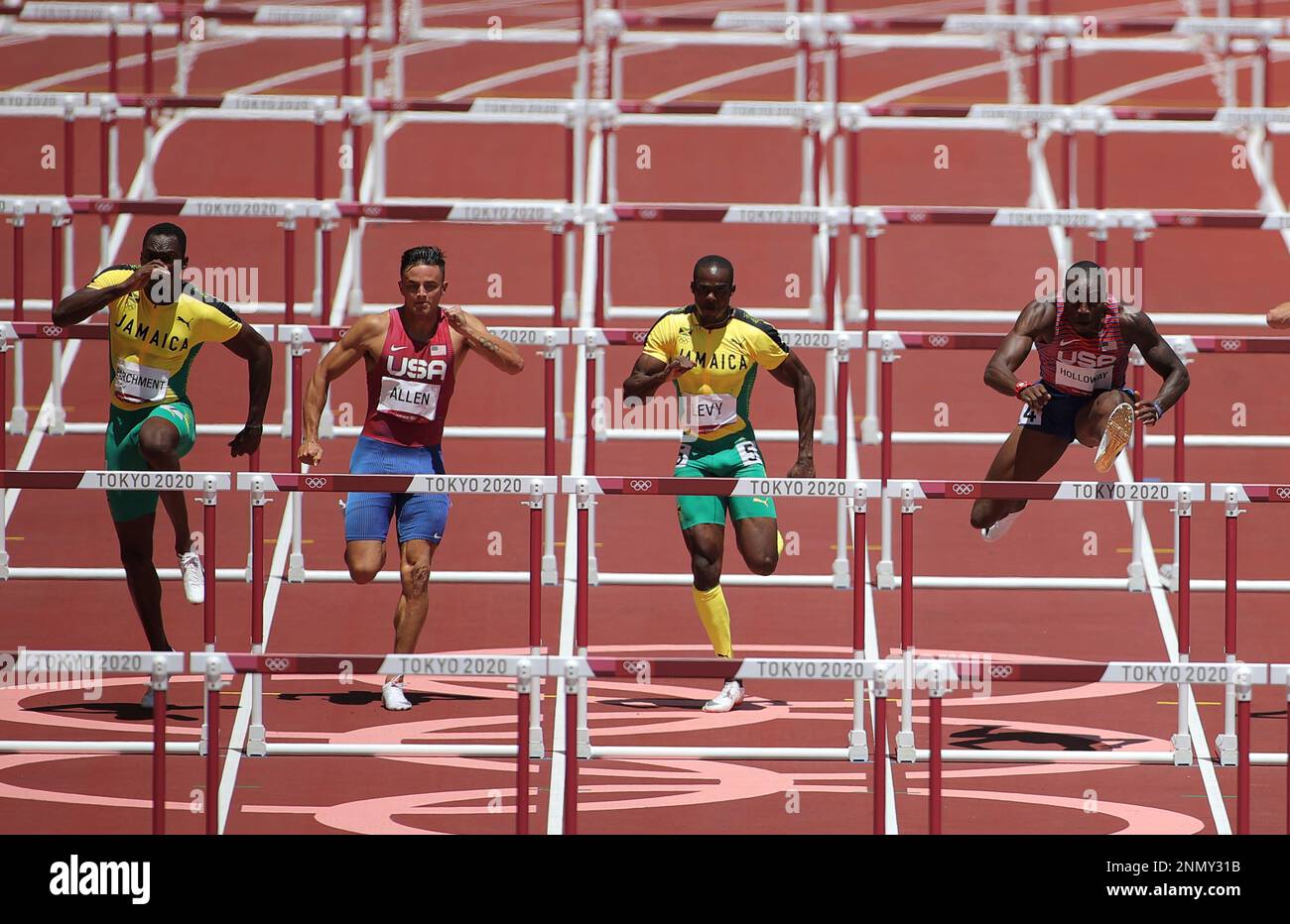 PARCHMENT Hansle ( L, 7) of Jamaica competes during the Men's 100m ...