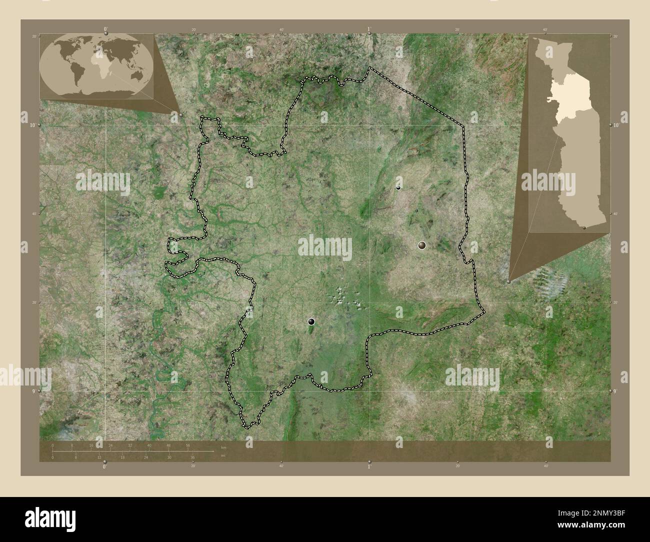 Kara, region of Togo. High resolution satellite map. Locations of major ...