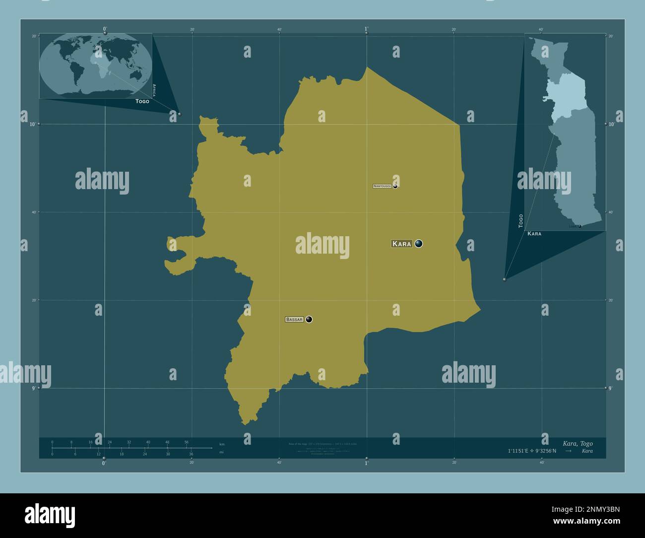 Kara, region of Togo. Solid color shape. Locations and names of major ...