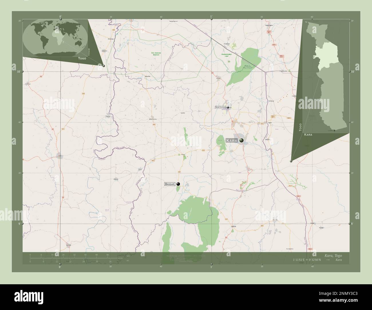 Kara, region of Togo. Open Street Map. Locations and names of major ...