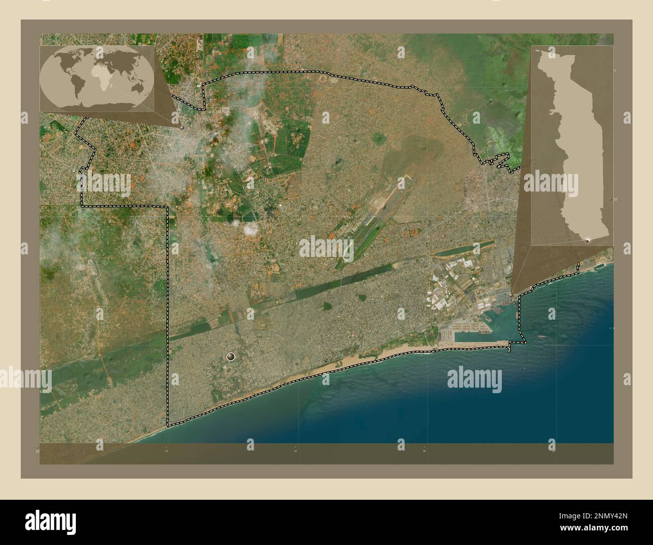 Lome, capital city of Togo. High resolution satellite map. Corner ...