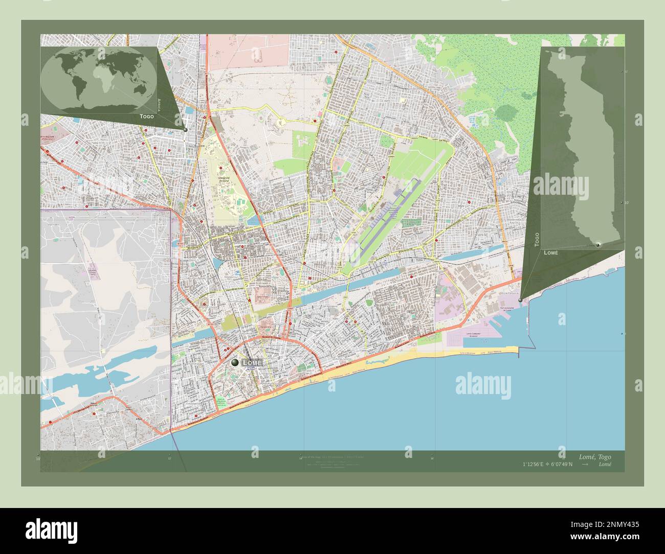 Lome, capital city of Togo. Open Street Map. Locations and names of ...
