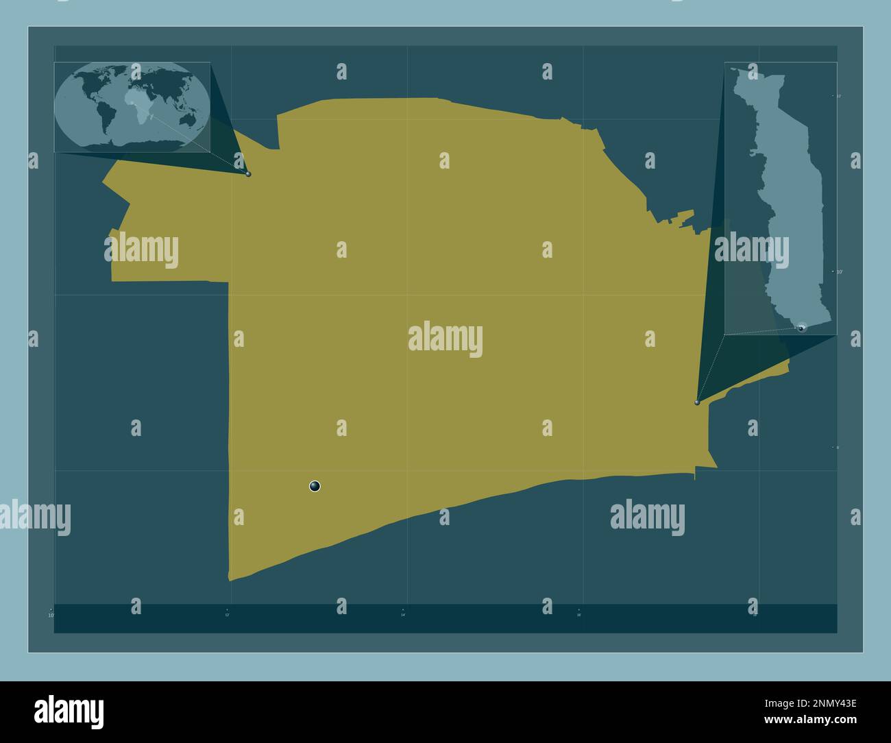 Lome, capital city of Togo. Solid color shape. Locations of major ...