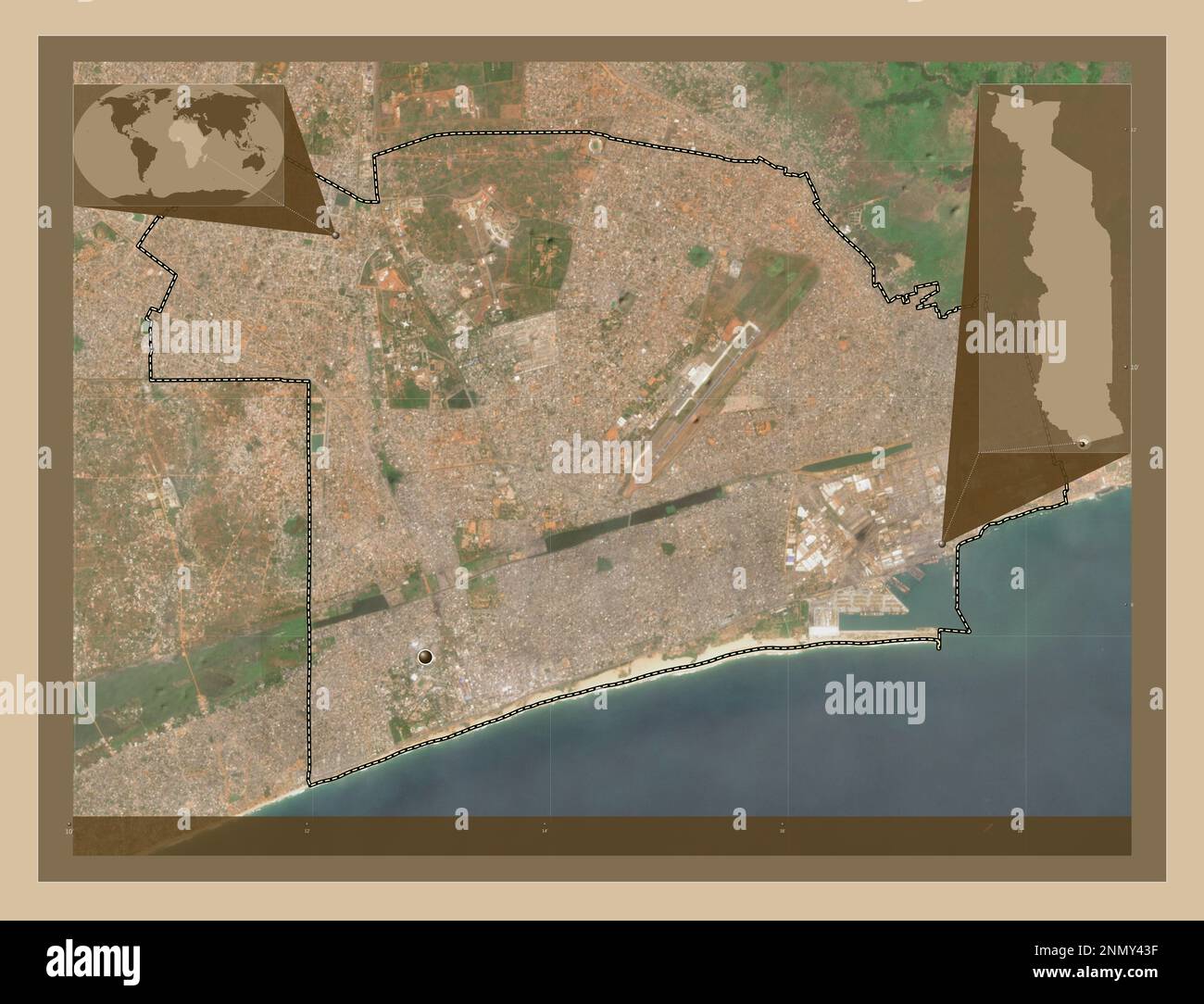 Lome, capital city of Togo. Low resolution satellite map. Locations of ...