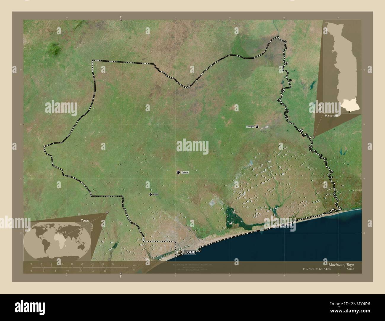 Maritime, region of Togo. High resolution satellite map. Locations and ...