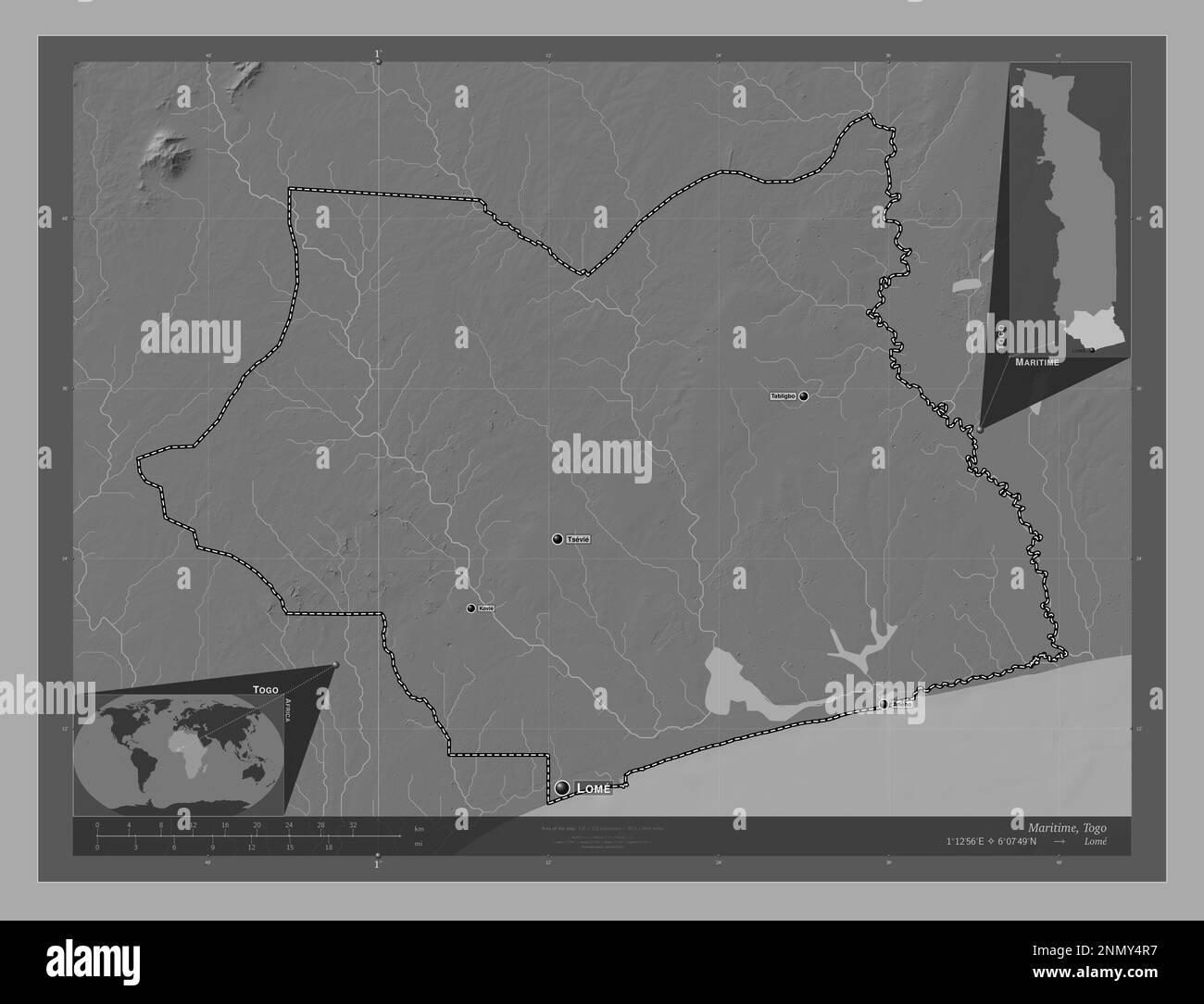 Maritime, region of Togo. Bilevel elevation map with lakes and rivers ...