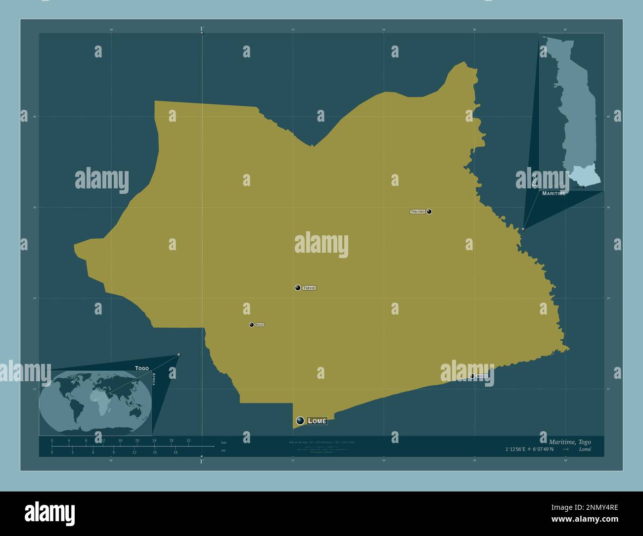 Maritime, region of Togo. Solid color shape. Locations and names of ...