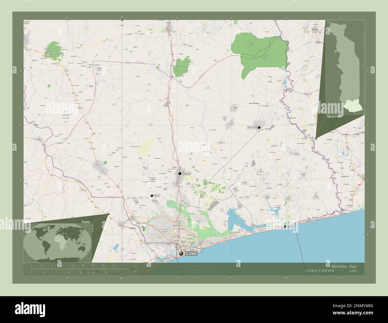 Maritime, region of Togo. Open Street Map. Locations and names of major ...