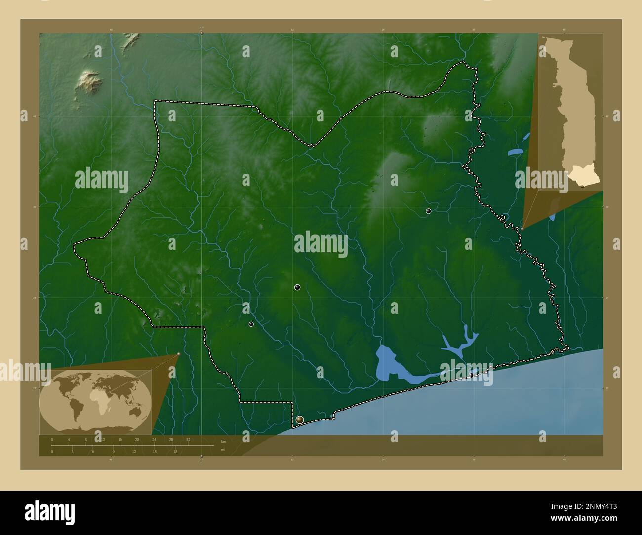Maritime, region of Togo. Colored elevation map with lakes and rivers ...